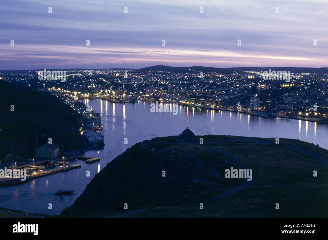 The lights of St John s capital of Newfoundland viewed from above the ...