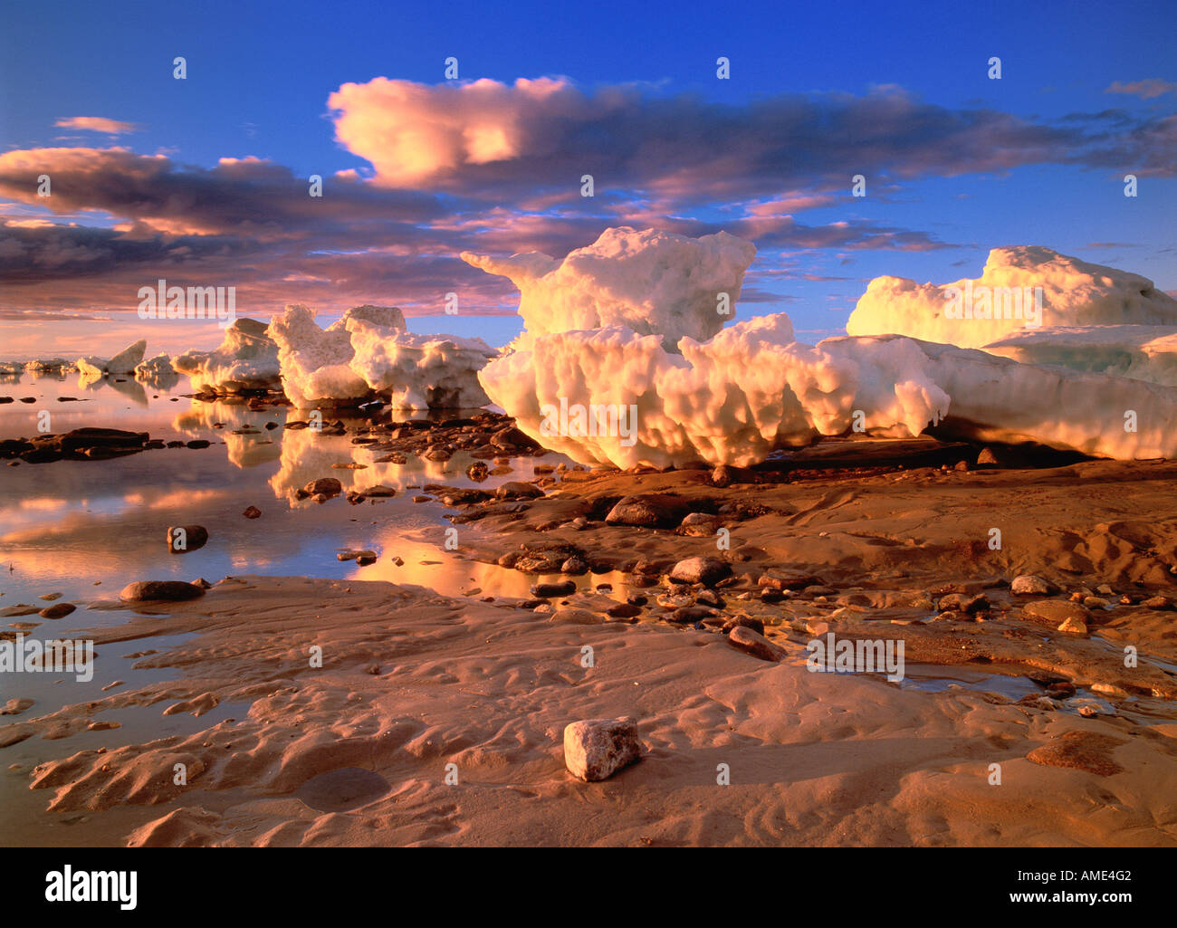 Icebergs at Sunset During Low Tide Hudson Bay, Manitoba, Canada Stock ...