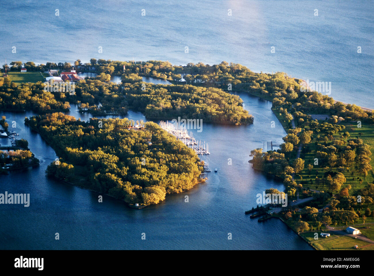 Viewed from above the tree covered parklands of Hanlan s Point and ...