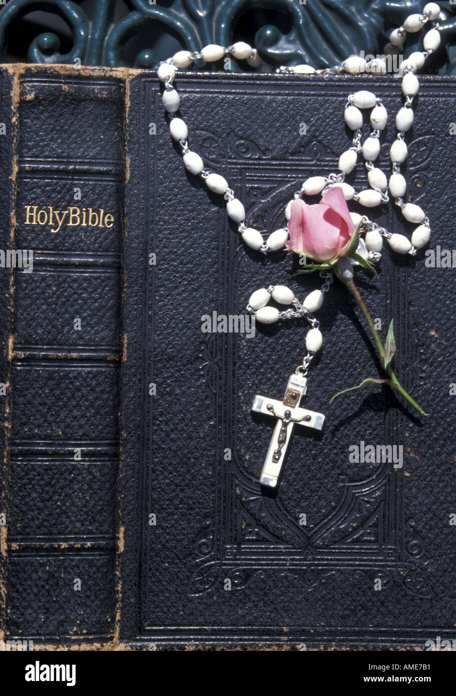 Catholic Rosary and an old copy of the Holy Bible Stock Photo - Alamy