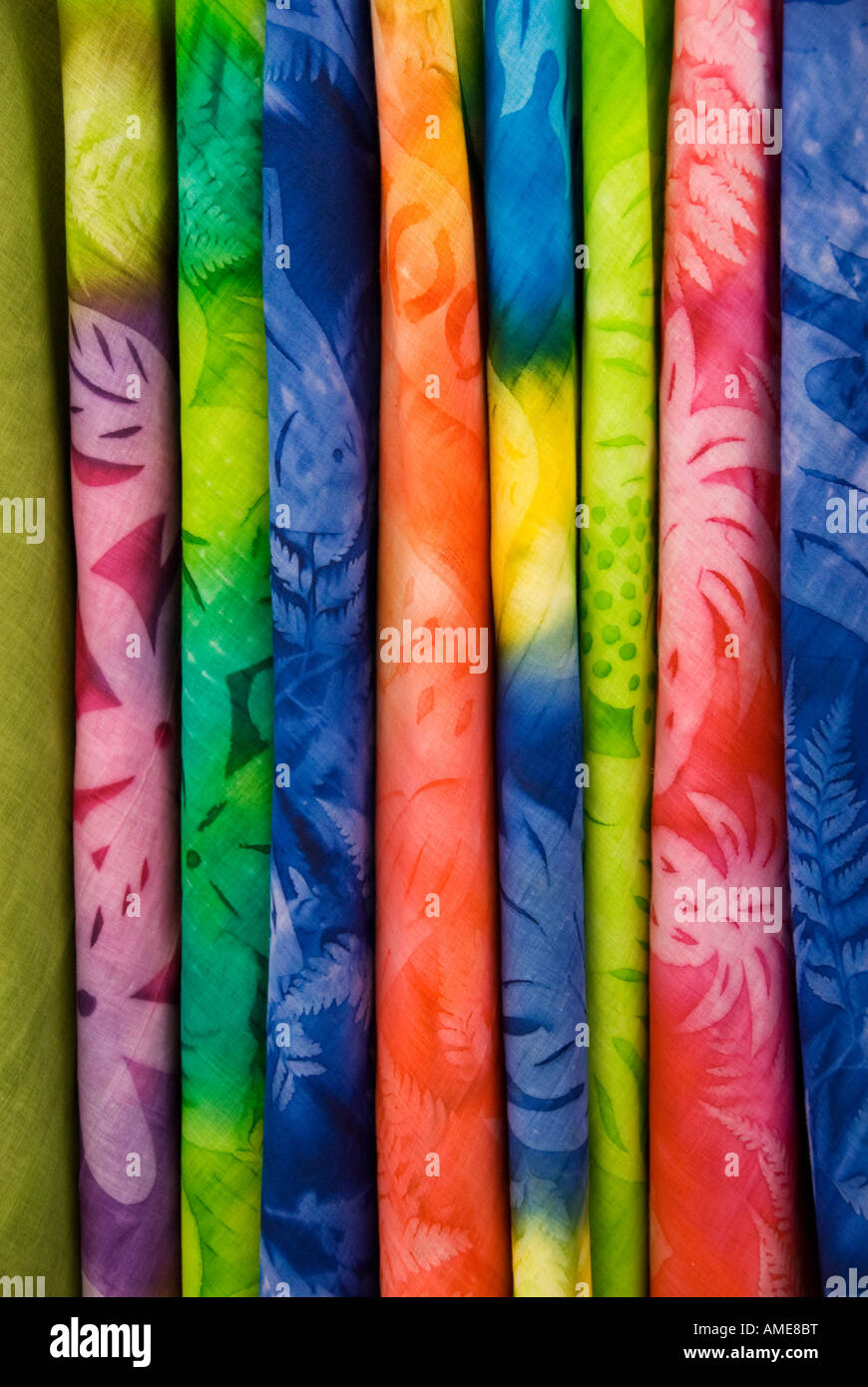 Tahiti, French Polynesia. Fabric on display at the market of Papeete ...