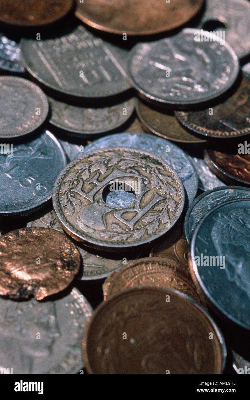 Close-up of International Coins Stock Photo - Alamy