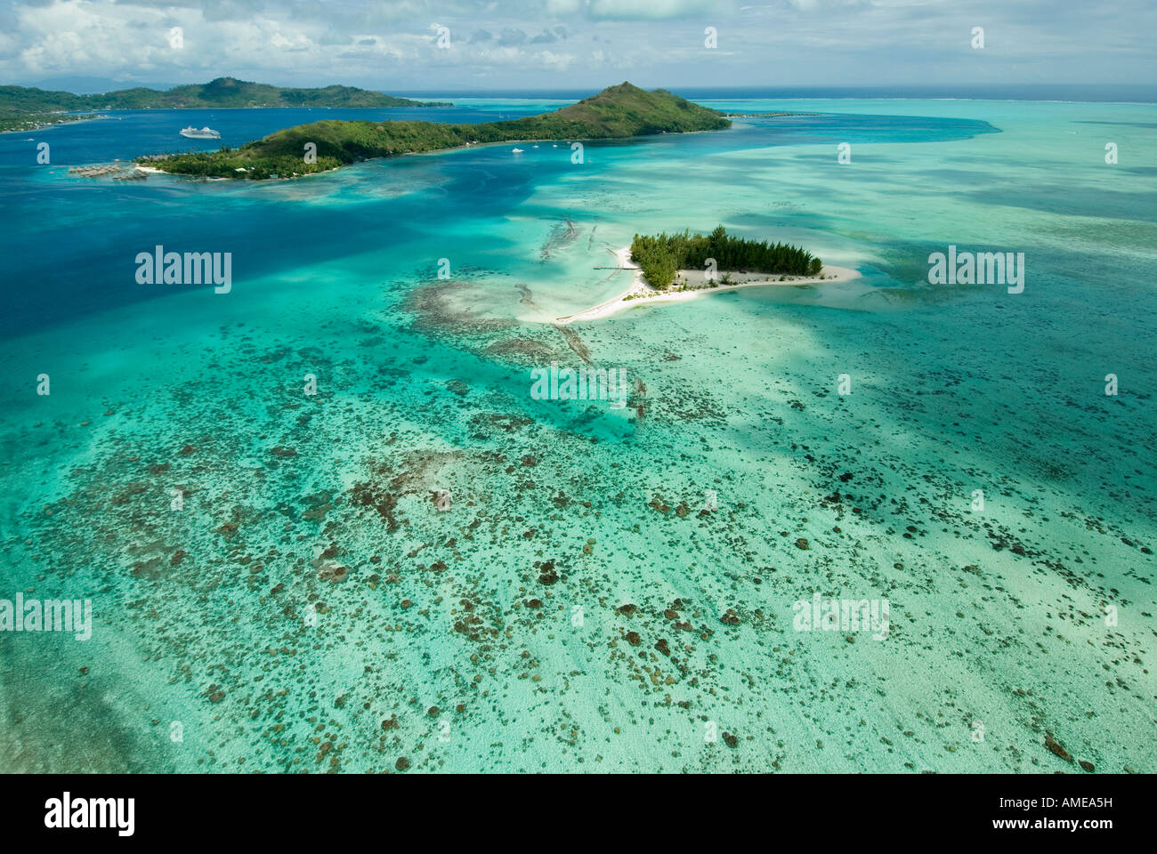 French Polynesia, Bora Bora aerial. From right to left Bora Bora, Motu ...