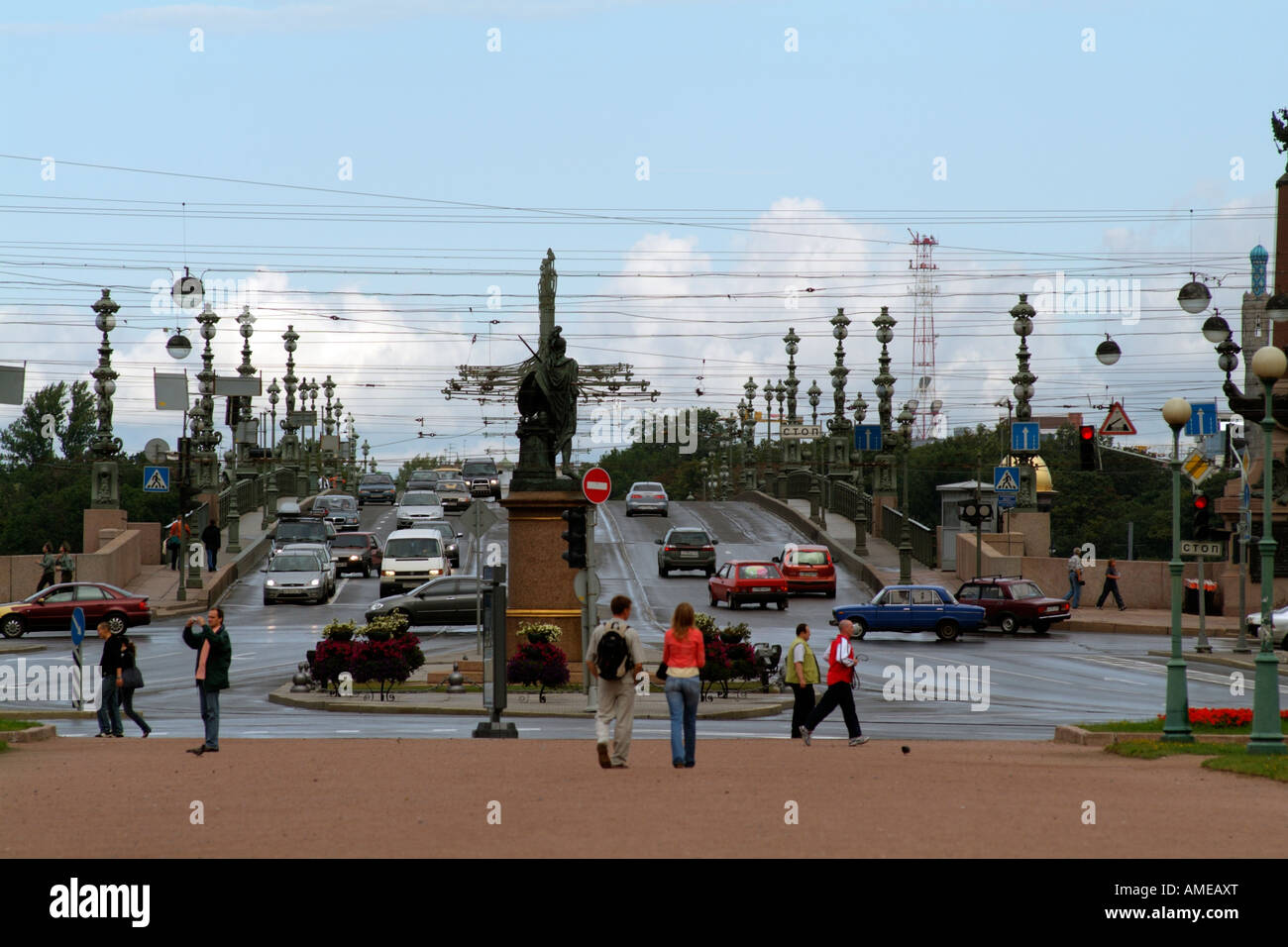 Traffic Flow on Troitskiy Bridge which crosses the River Neva in St ...
