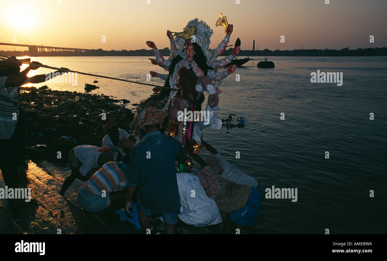 Durga Puja festival on the Hugli river near the Howrah Bridge, Calcutta ...