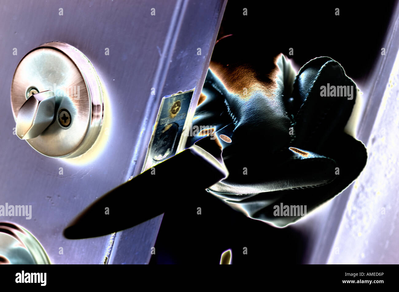 sinister looking black gloved hand holding butcher knife in doorway ...