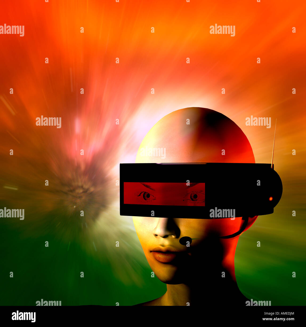 3D computer generated female robot with bionic headset and digital NASA ...