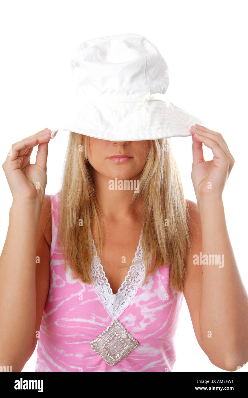blond woman with pulled down hat Stock Photo - Alamy