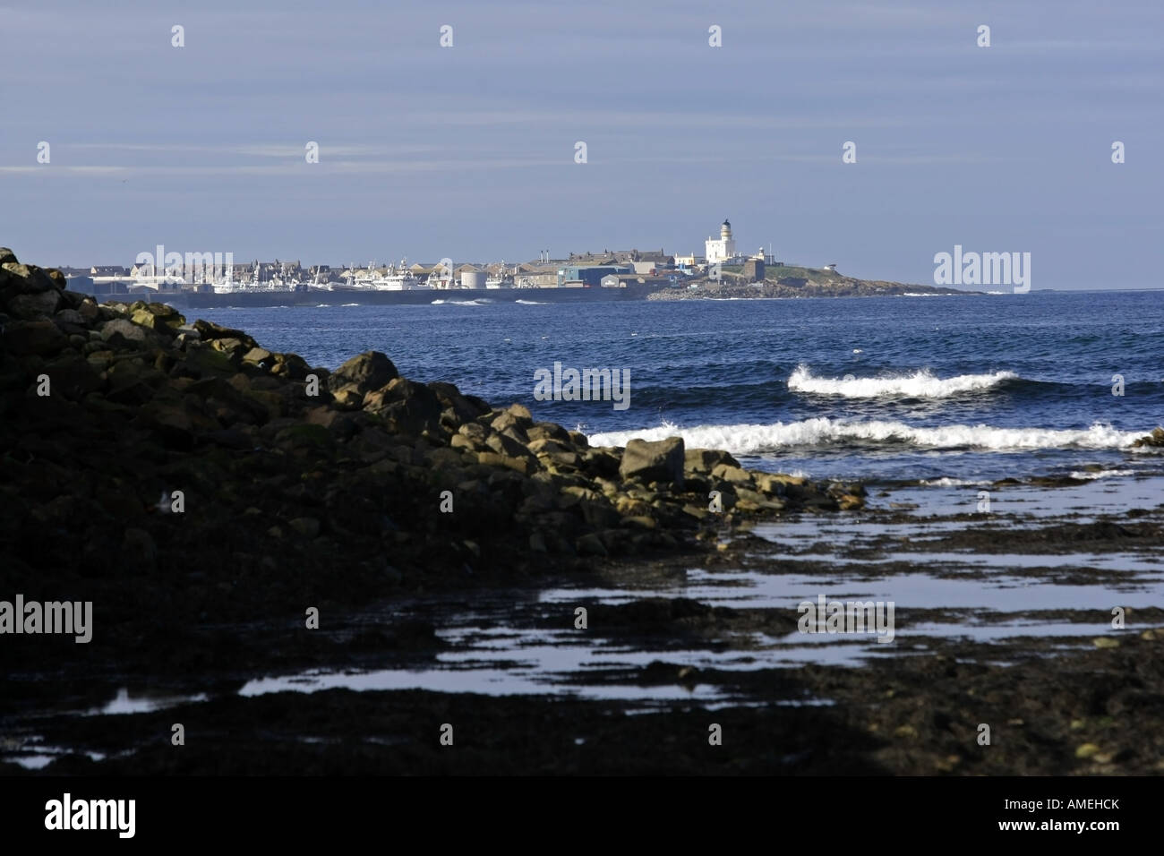 A view of the north sea coast with the fishing town of Fraserburgh ...