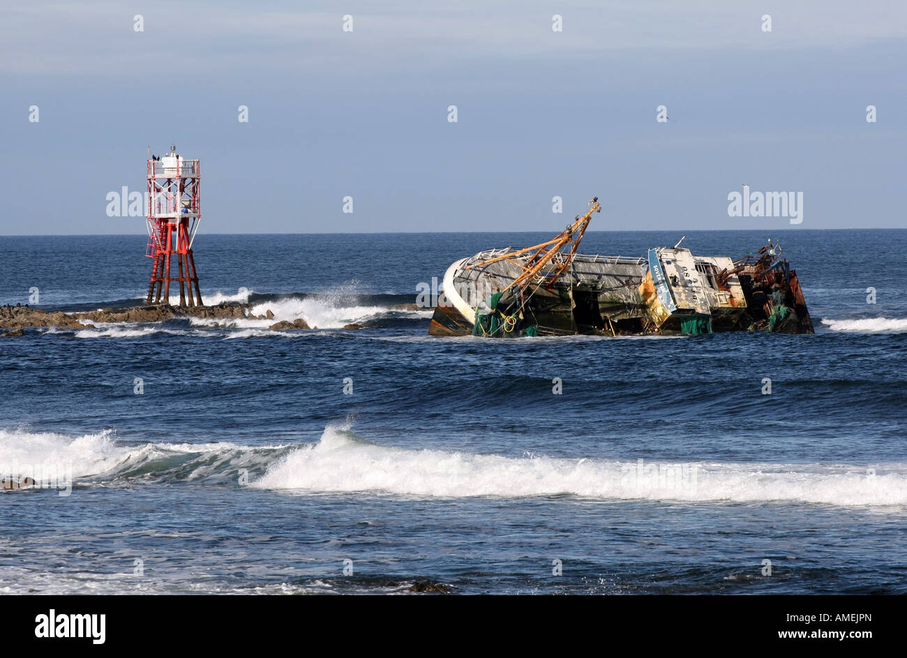 Banff registered Sovereign fishing trawler lies on rocks at Cairnbulg ...