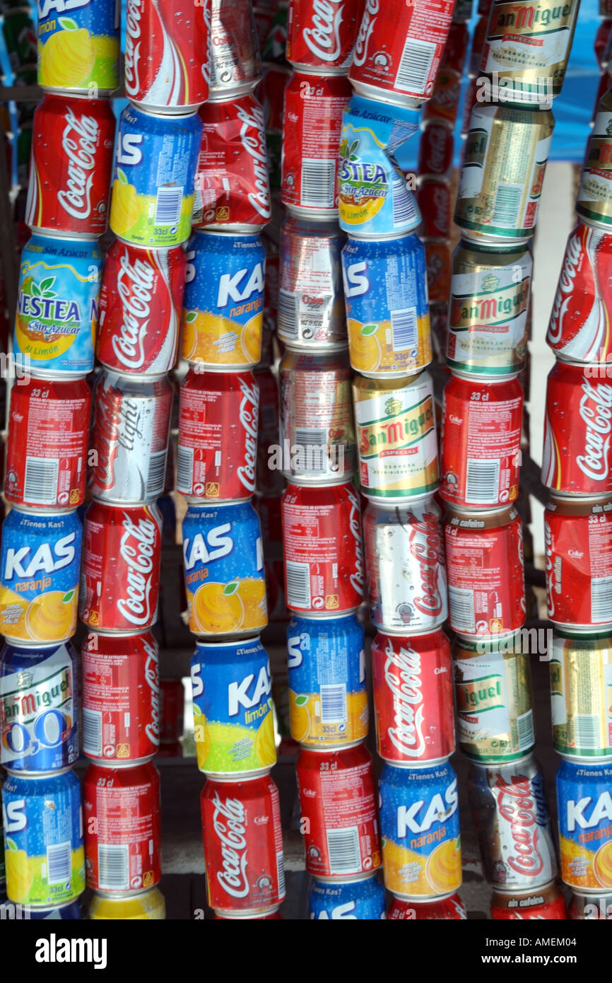 strings of drink and food metal cans containers tins for recycling ...