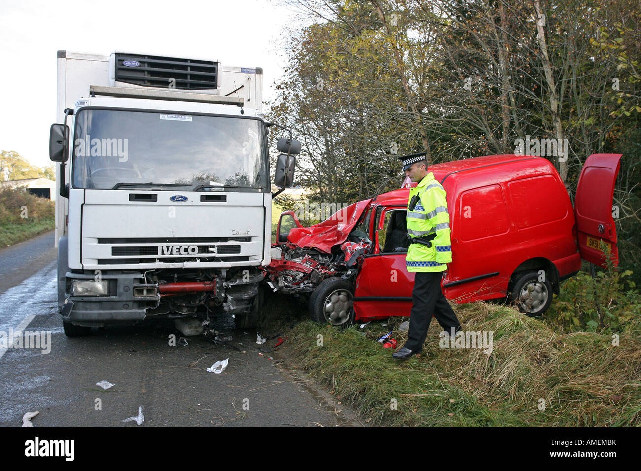 Road traffic crash between a lorry and a red van on minor road in ...