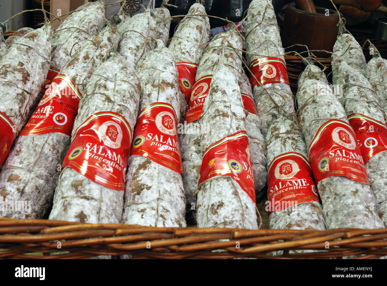 A selection of salumi on display in a shop in Italy Stock Photo - Alamy