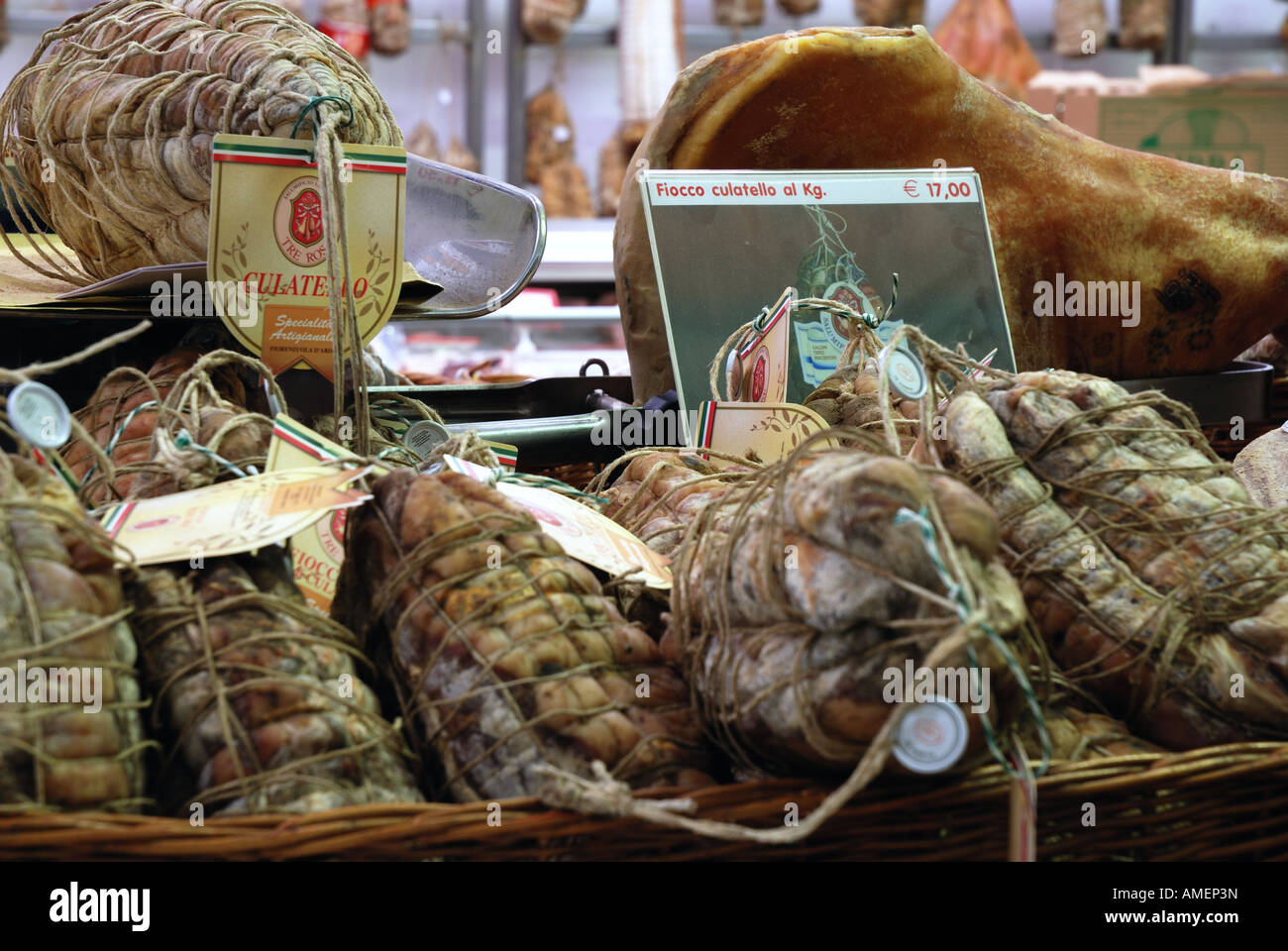 A selection of salumi on display in a shop in Italy Stock Photo - Alamy