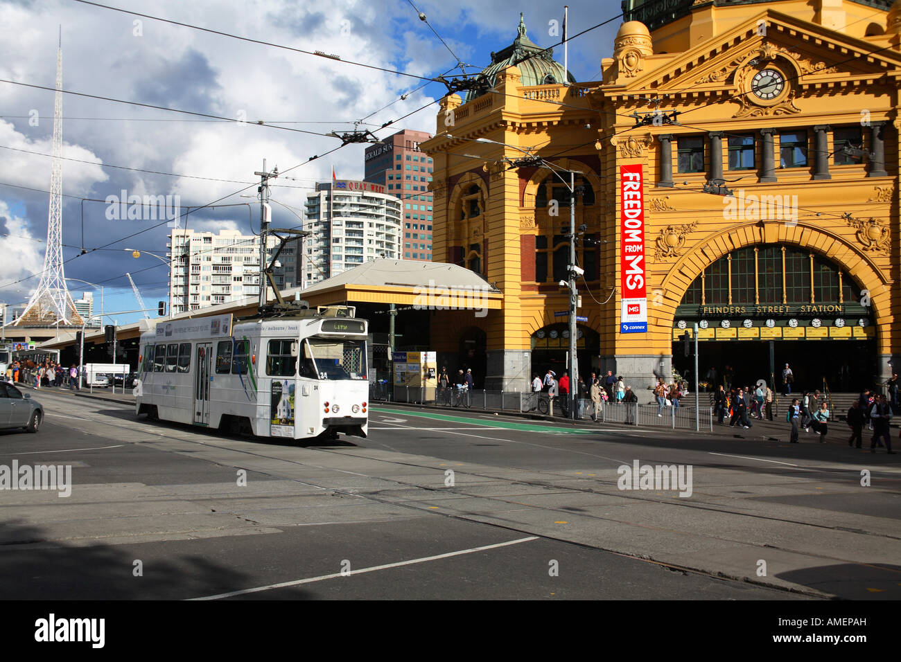 Melbourne City tram passing in front of Flinders Street Station on a ...