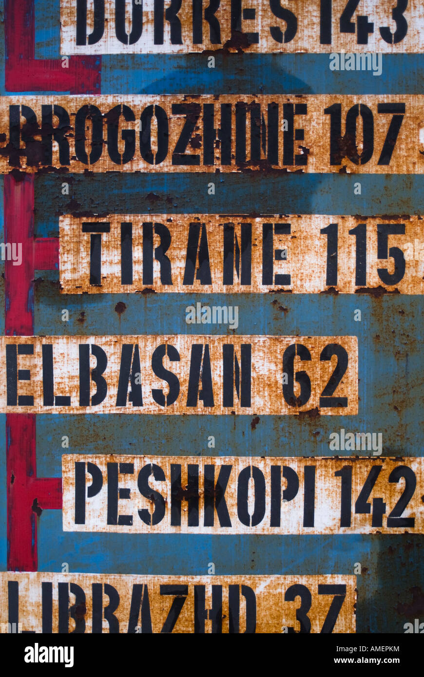 Rusty road sign. Albania Stock Photo - Alamy