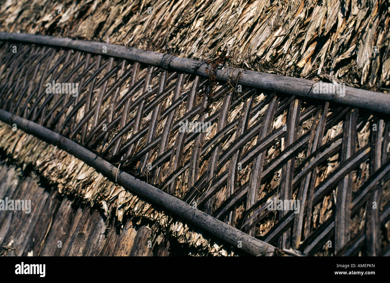 Grass and bamboo roof on a morung house in Chuchuyimlang village near ...