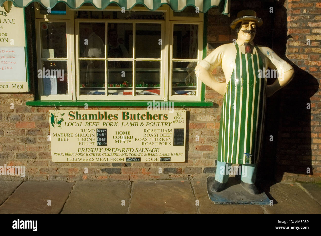 Life size model of a butcher outside the Shambles Butchers York Stock ...