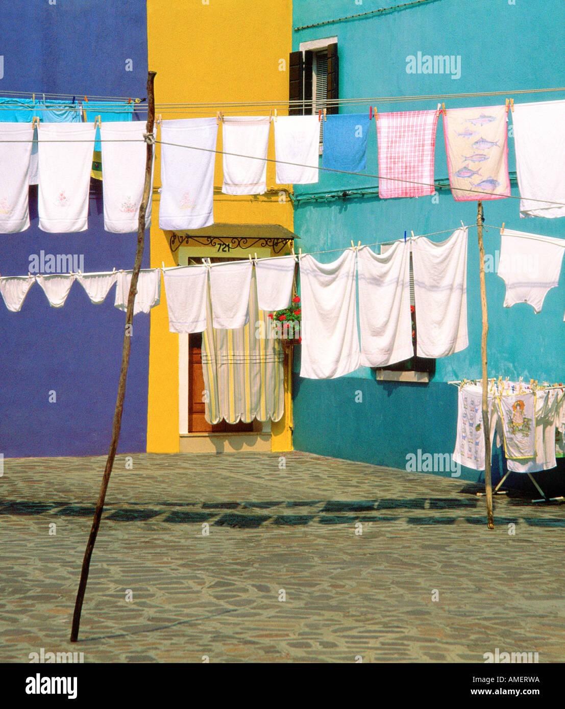 Laundry on Clotheslines, Island Of Burano, Venetian Lagoon, Italy Stock ...