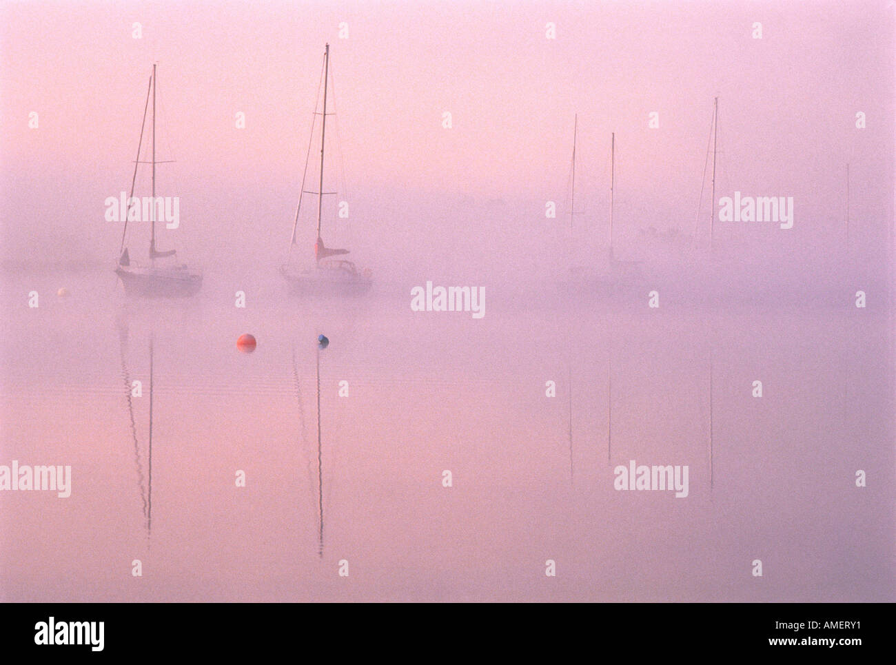 Boats in Mist at Dawn Saint John River, Gagetown New Brunswick, Canada ...