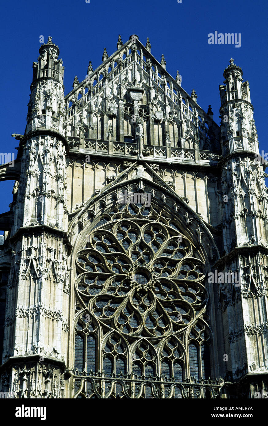 Exterior the cathedral in Beauvais with its massive windows and very ...