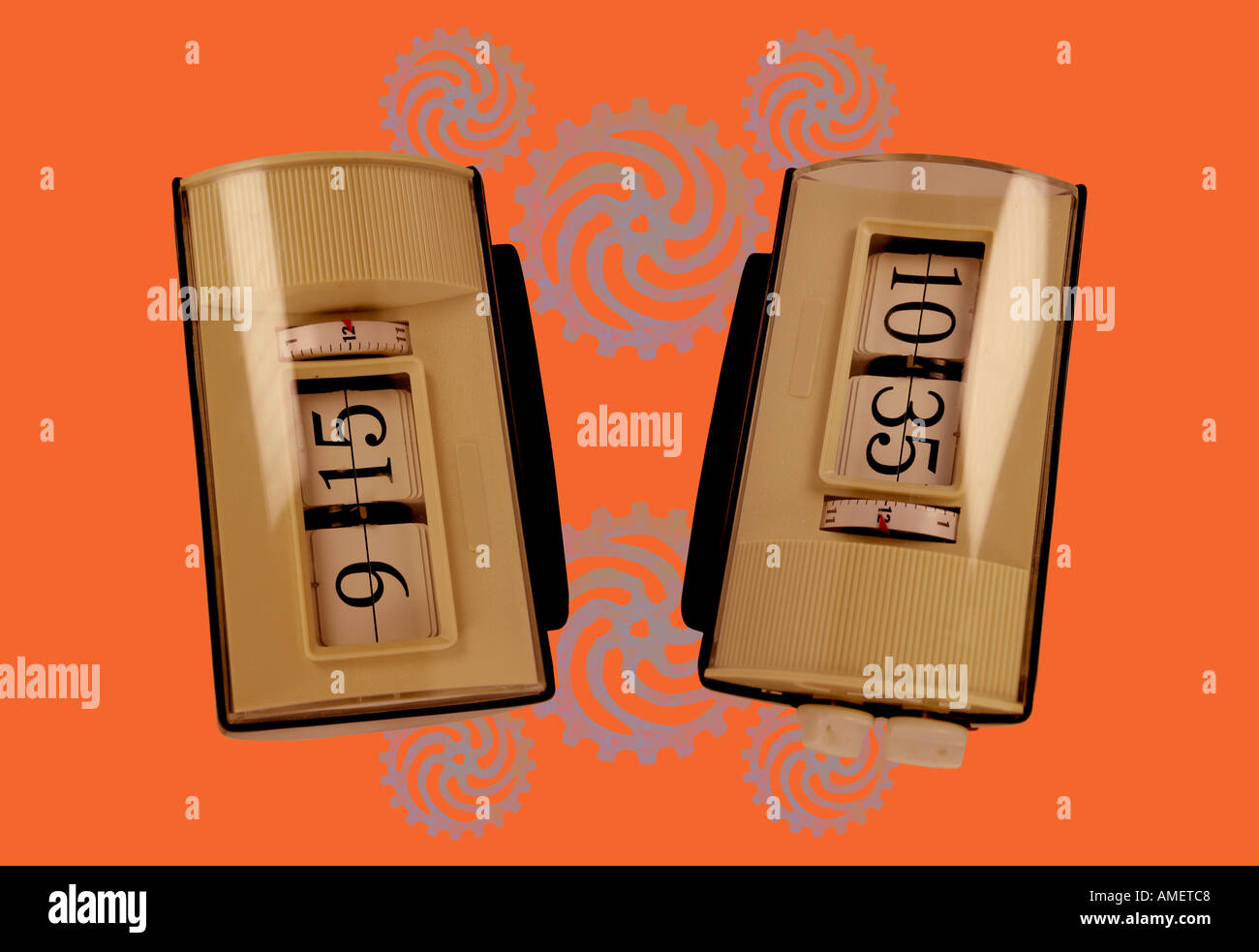 two retro analogue flip clocks in a pattern displaying different times ...