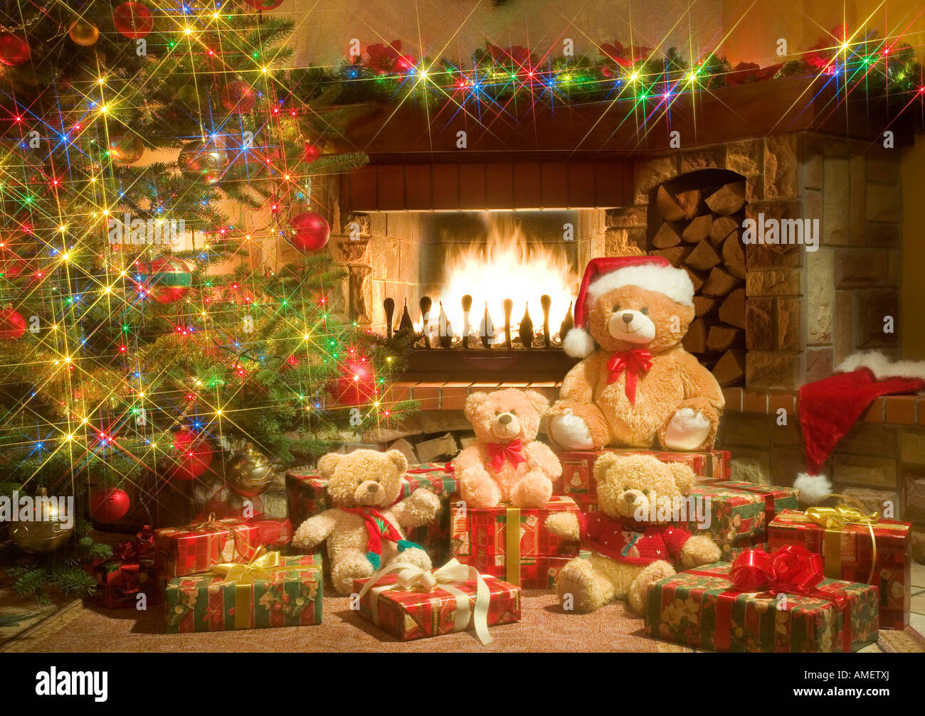 Christmas scene decoration with fireplace Stock Photo - Alamy