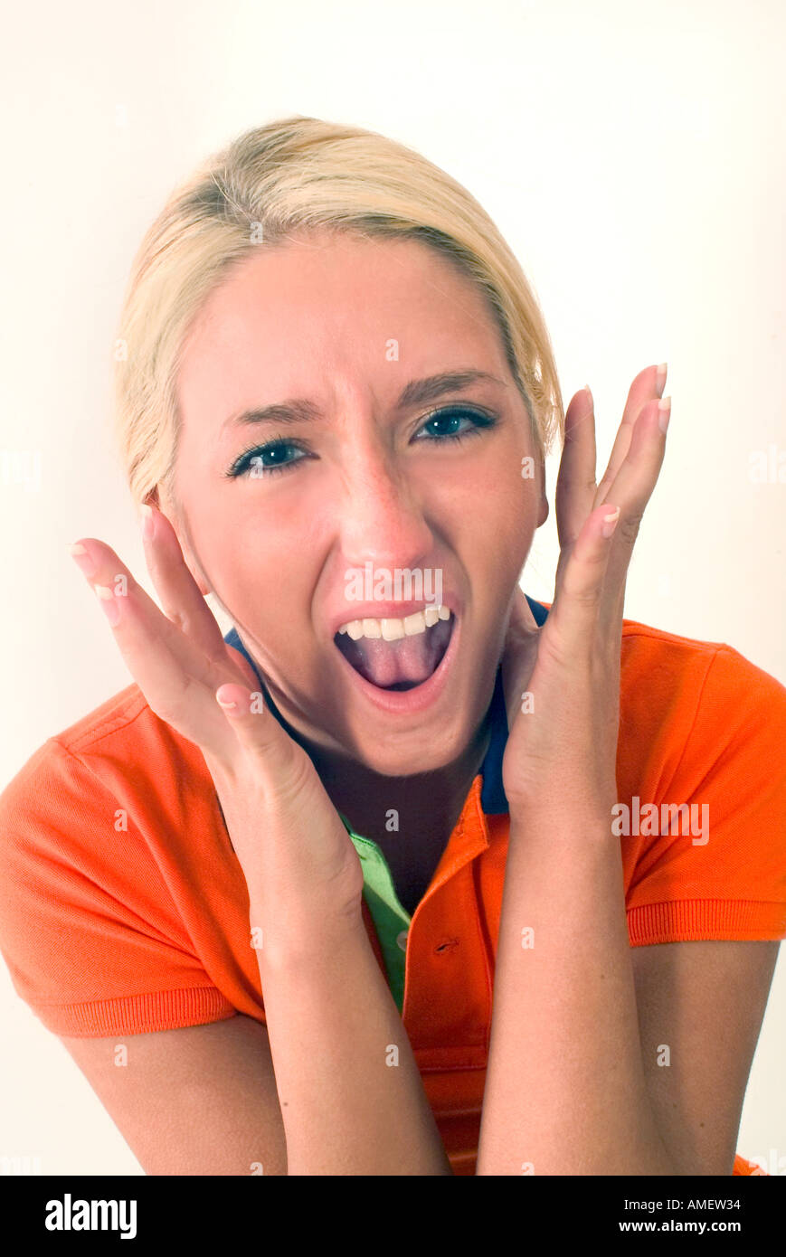 Young female with facial expression indicating she is frustrated ...