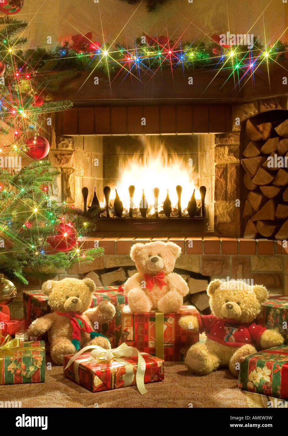 Christmas scene decoration with fireplace Stock Photo - Alamy
