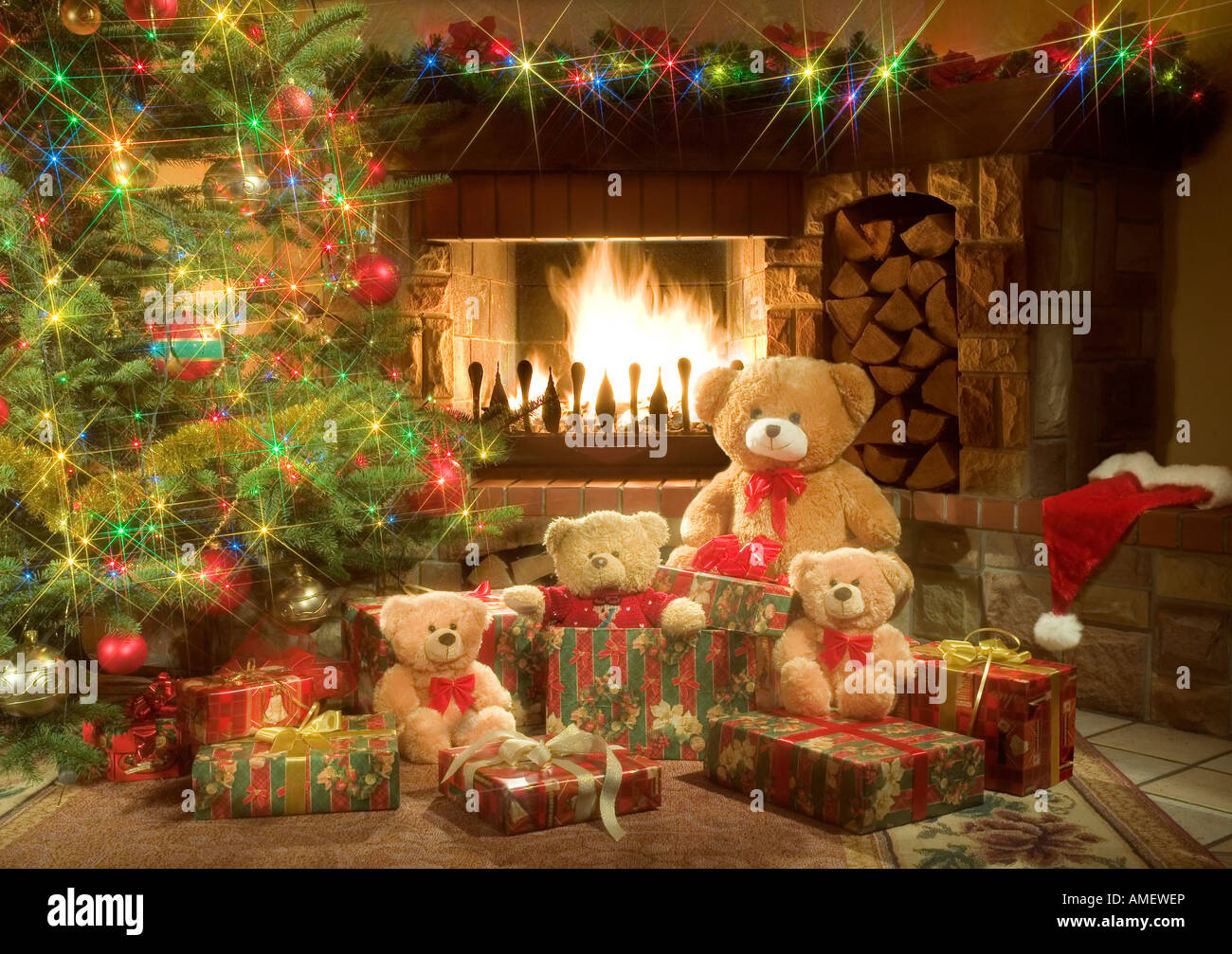 Christmas scene with fireplace Stock Photo - Alamy