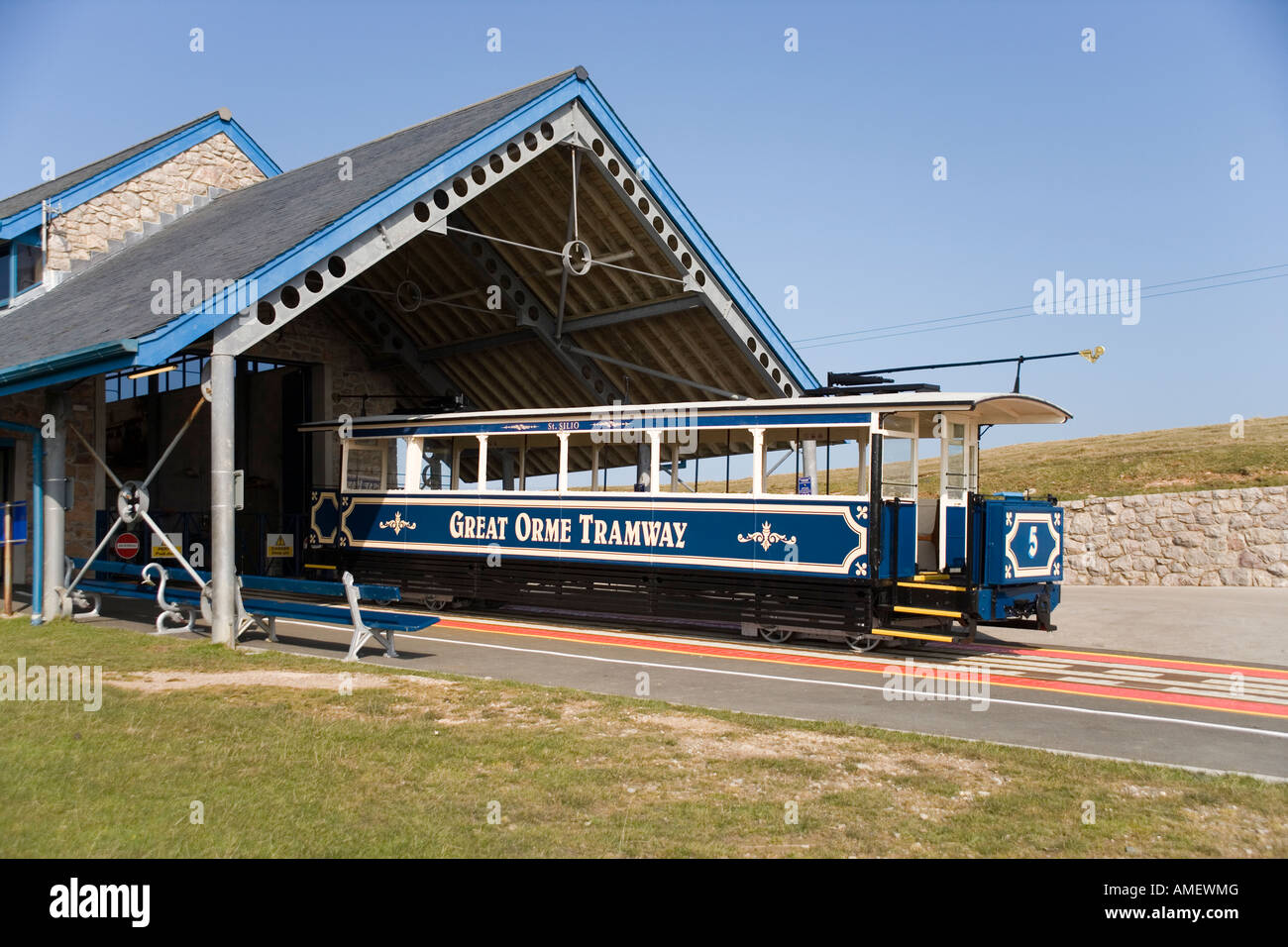 Victorian tram on the route up the Great Orme at the Halfway station in Llandudno,North Wales ...
