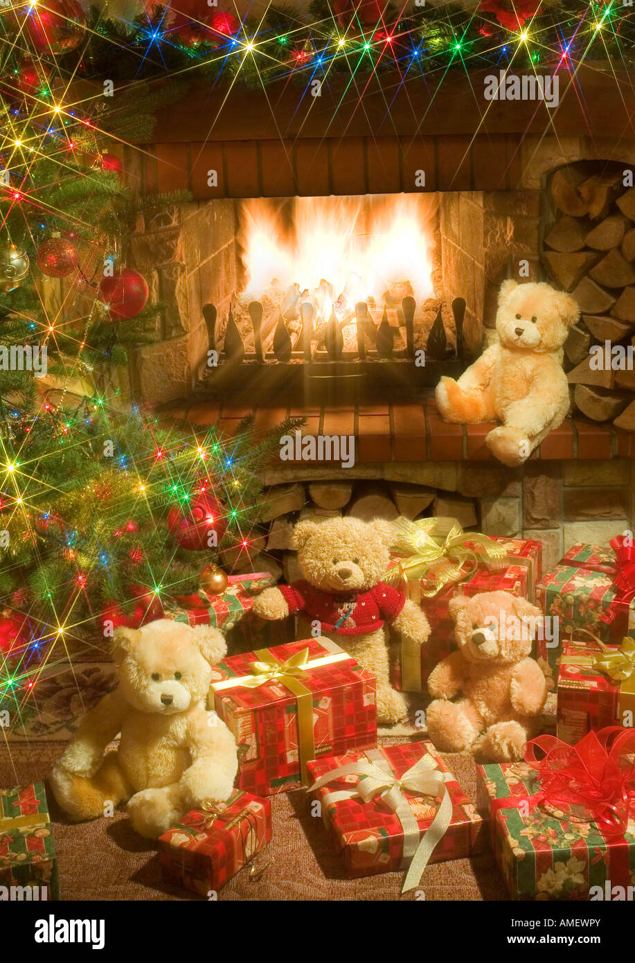 Christmas scene with fireplace Stock Photo - Alamy