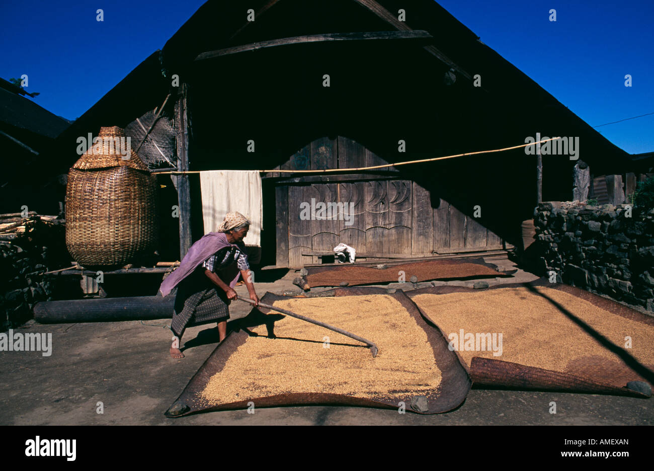 Farmer working outside a traditional tribal house in Kigwema village ...