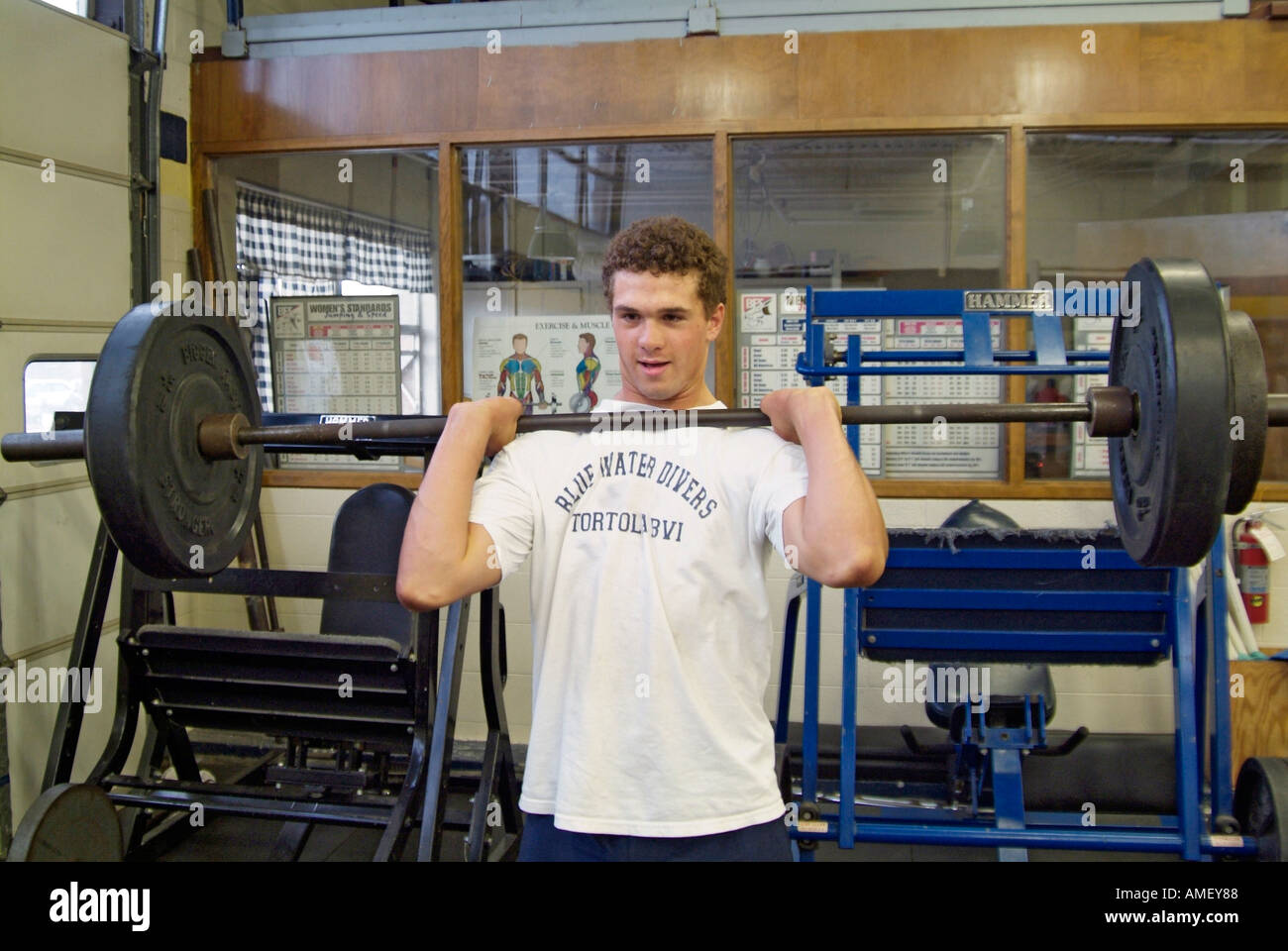 High school student work out lifting weights in a weight training class ...