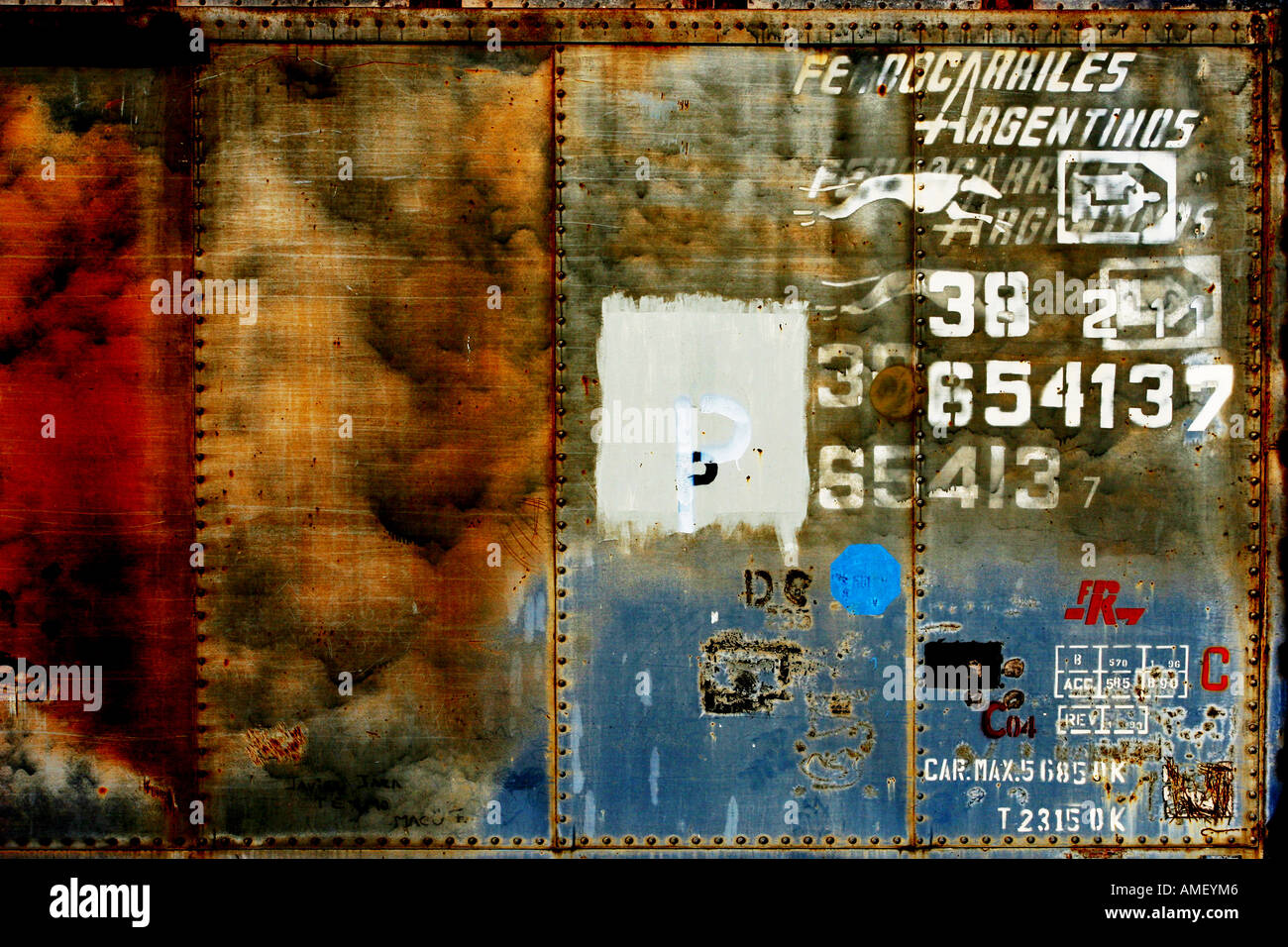 Rusty oxidized metal wall of an abandoned train in Argentina. High ...