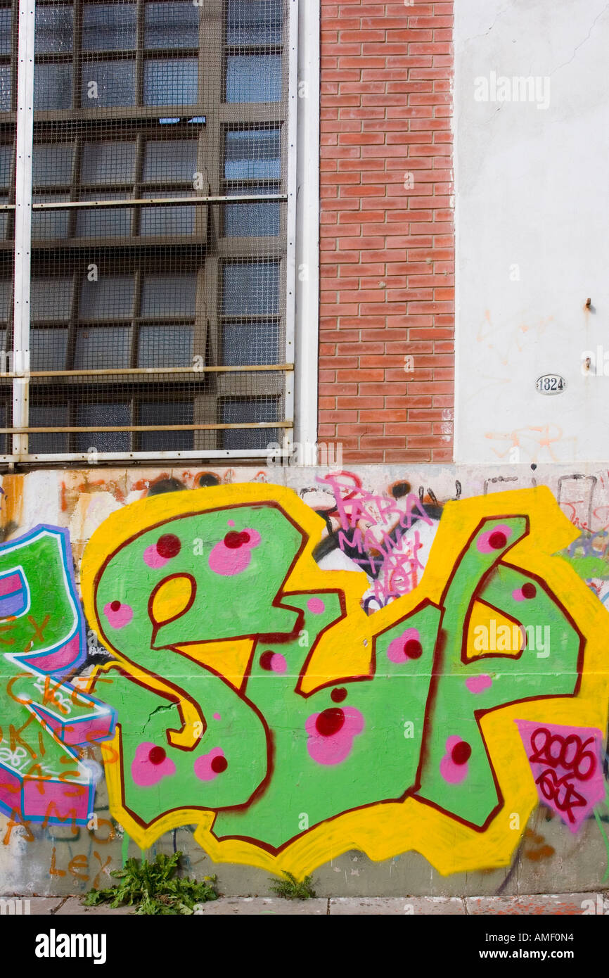 Urban graffiti painted on the wall of an abandoned factory in the city ...