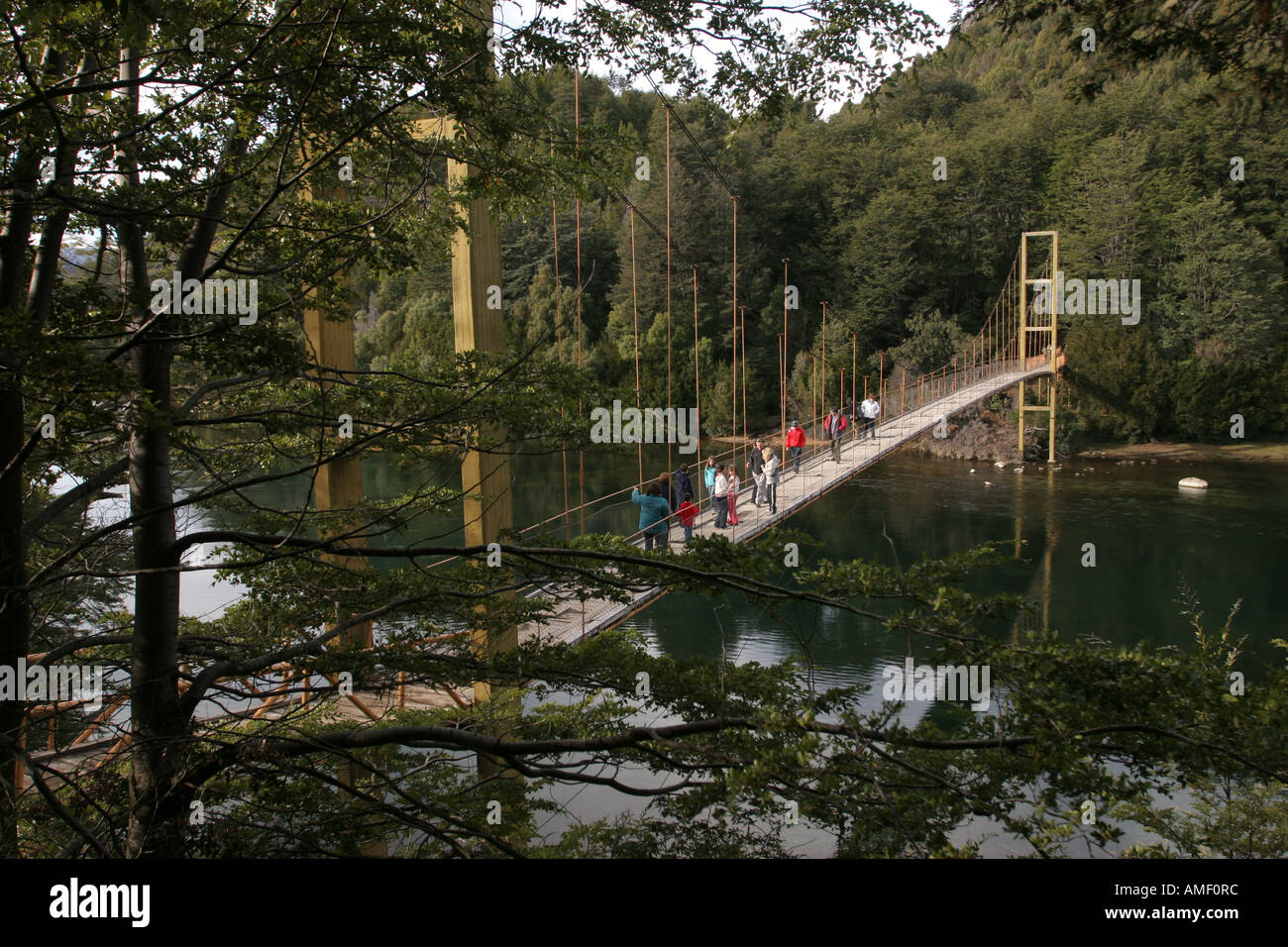 Suspension bridge over river Arrayanes in Parque Nacional Los Alerces ...