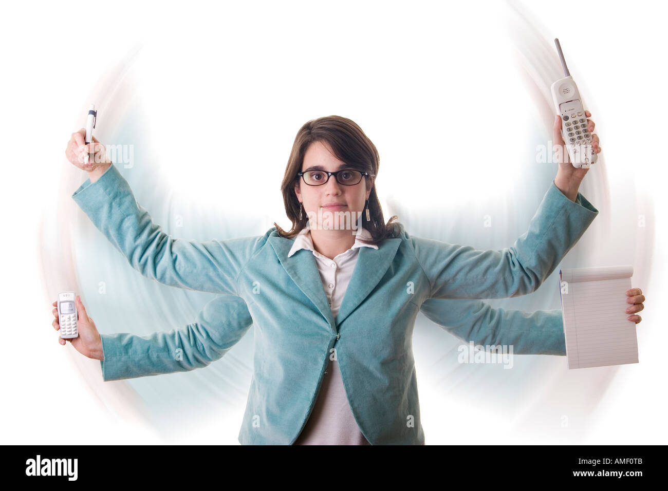 Young Secretary or business woman with four arms doing multiple tasks ...