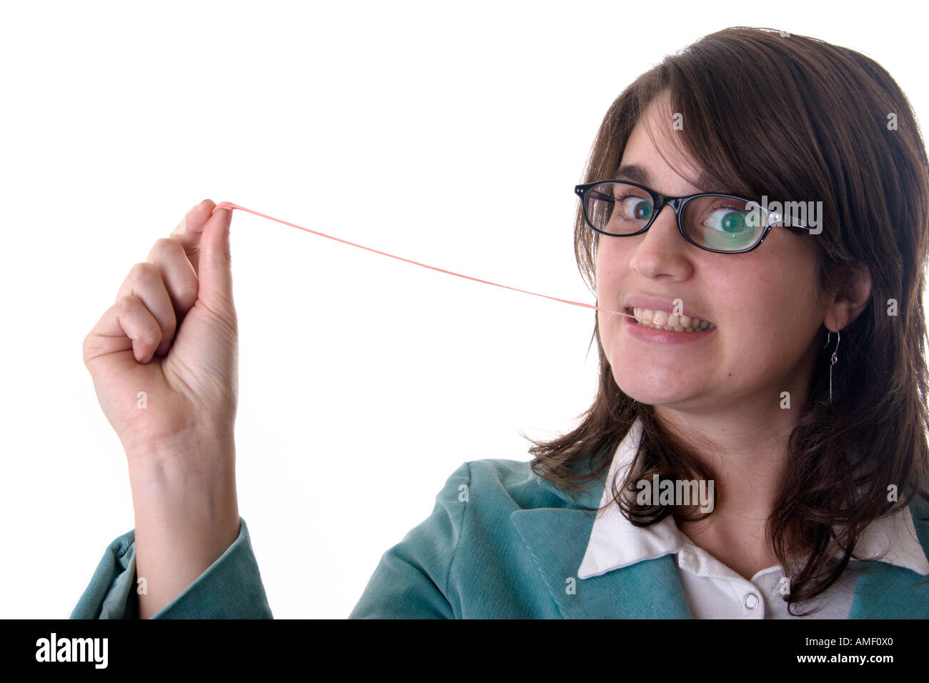 Secretary or business woman pulling and stretching a bubble gum out of ...