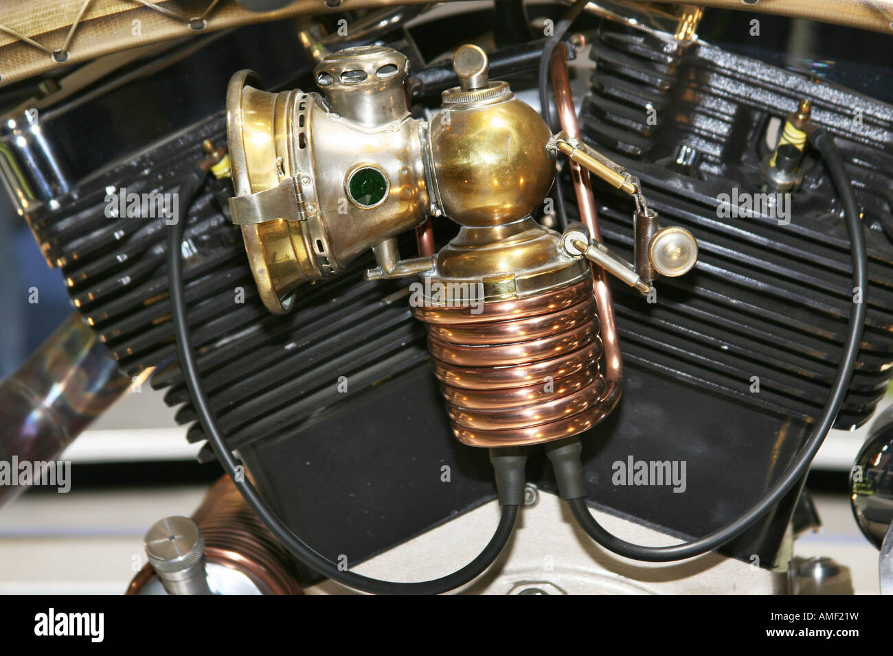 Old carbide gas light on vintage motor cycle in brass and copper Stock ...