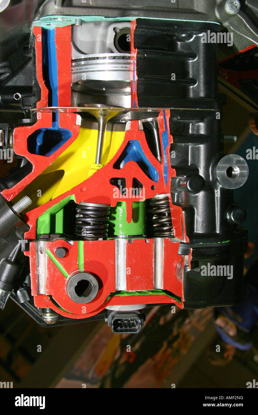 Cut away model of motor cycle engine showing valves and piston Stock ...