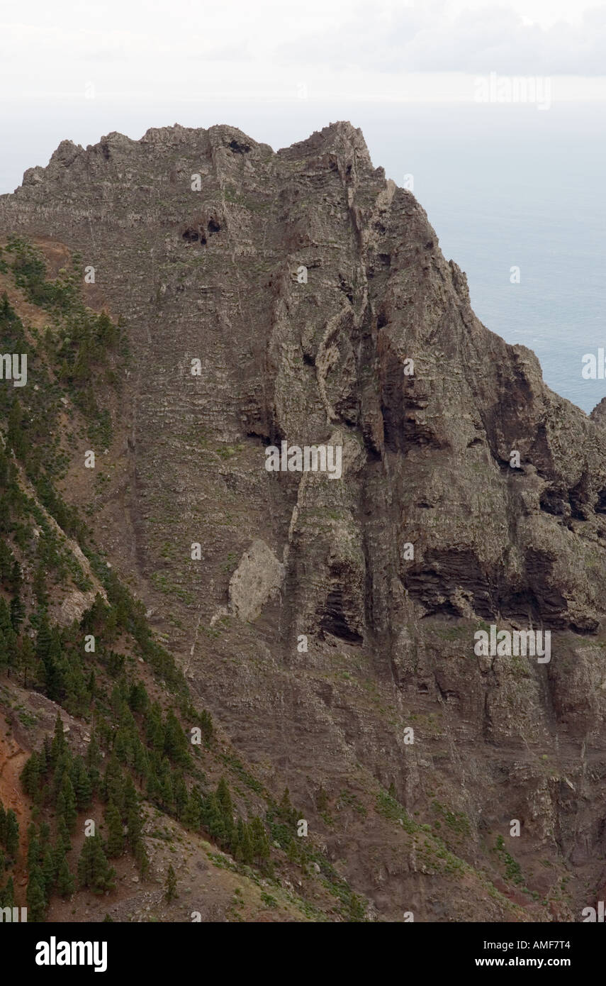 Geology. Weathered volcanic dykes and cavities. Ravine wall above south ...
