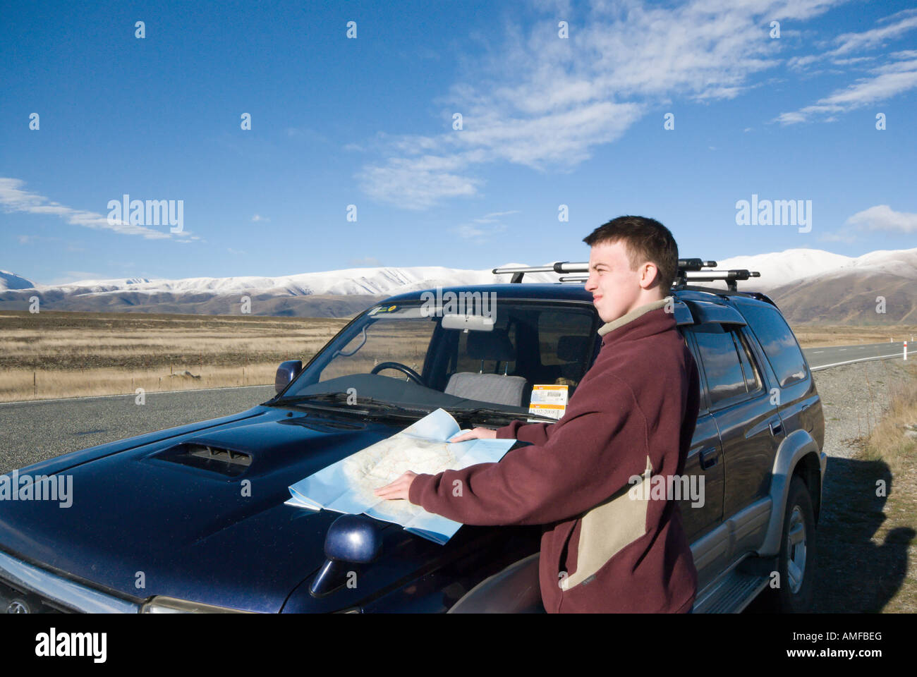 Lost driver with map on SUV - New Zealands Mackenzie country Stock ...