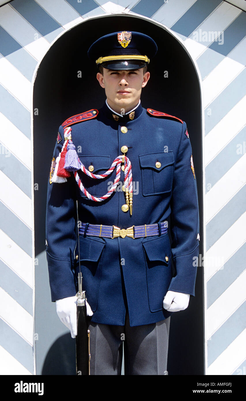 Soldier standing guard in sentry box, Prague Castle, Prazsky Hrad ...