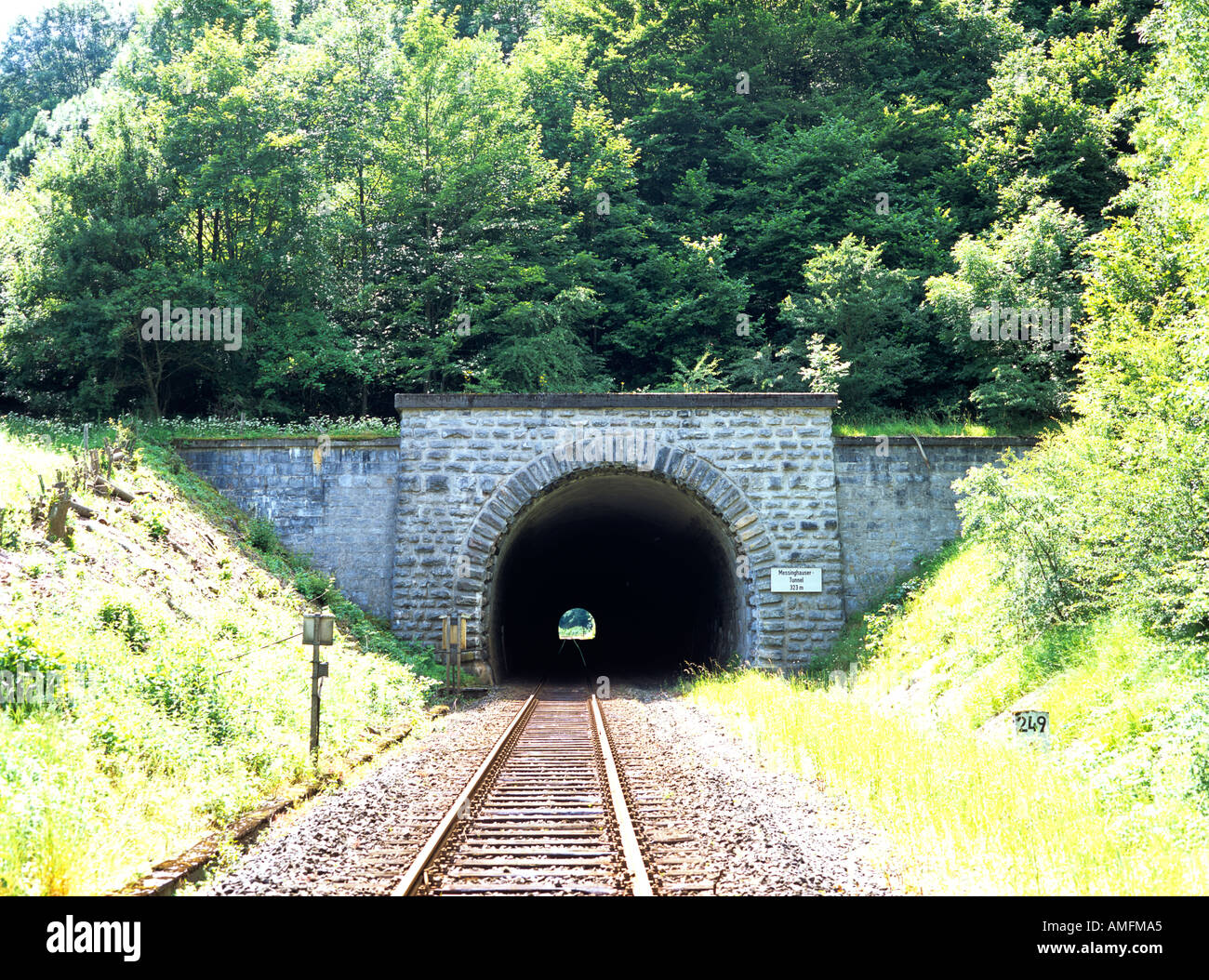 Train tracks entering a tunnel Stock Photo - Alamy