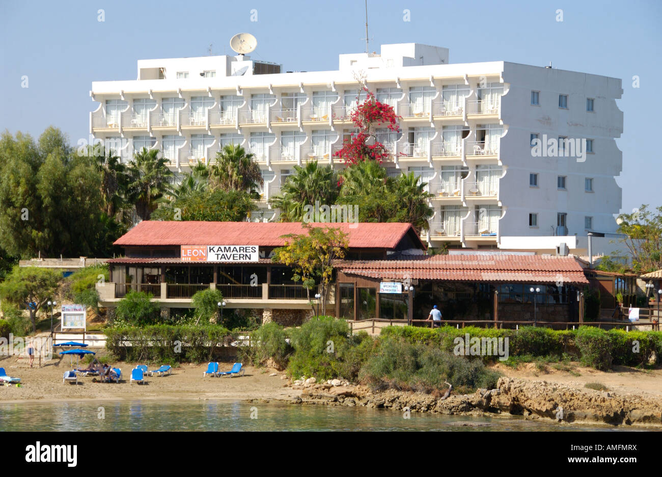 Beach hotel and tavern at Pernera on the Mediterranean island of Cyprus ...
