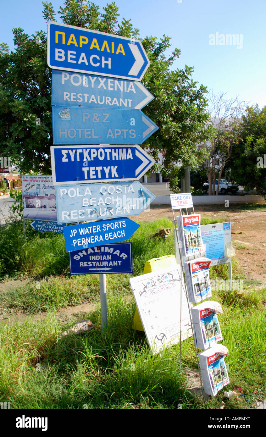 Direction signs at Penera beach on the Mediterranean island of Cyprus ...
