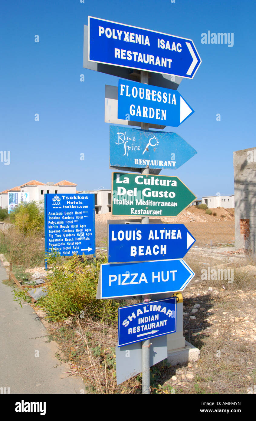 Direction signs at Penera beach on the Mediterranean island of Cyprus ...