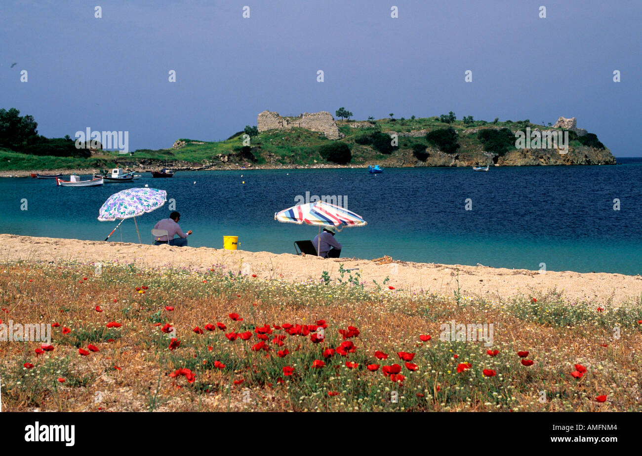 Griechenland, Chalkidiki, Sithonia, Burg am Strand von Toroni an der Südspitze der Halbinsel ...