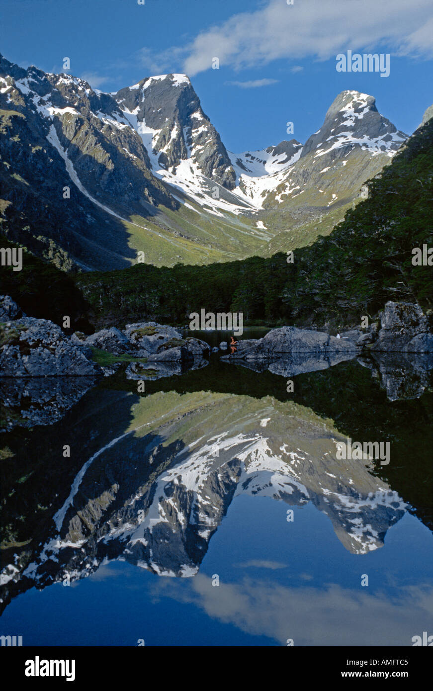 EMILY PEAK is reflected in LAKE MACKENZIE along the ROUTEBURN TRACK ...